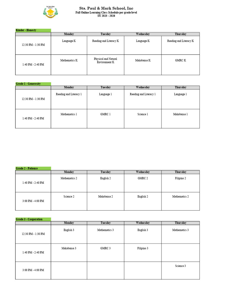 Grade 6 Subjects Schedule SY 2025-2026 | PDF | Behavior Modification ...