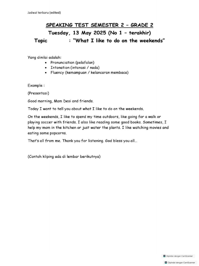 Speaking Test Grade 2 Sem 21 | PDF