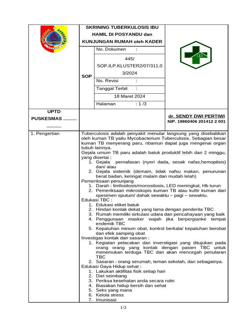 SOP SKRINING TBC IBU HAMIL DI Posyandu Dan Kunjungan Rumah Kader | PDF
