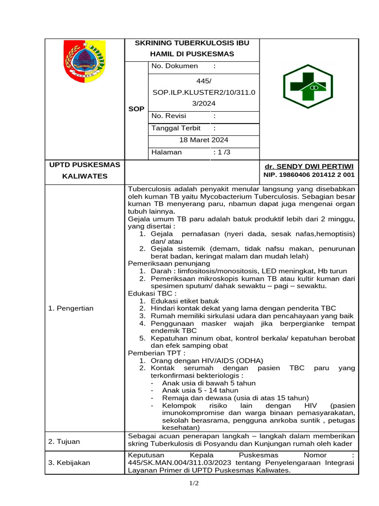 Sop Skrining TBC Ibu Hamil Puskesmas | PDF