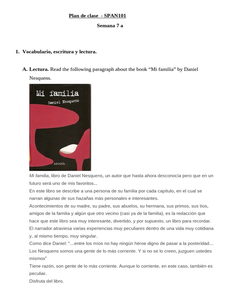 Plan de Clase SPAN101: Vocabulario Familiar | PDF