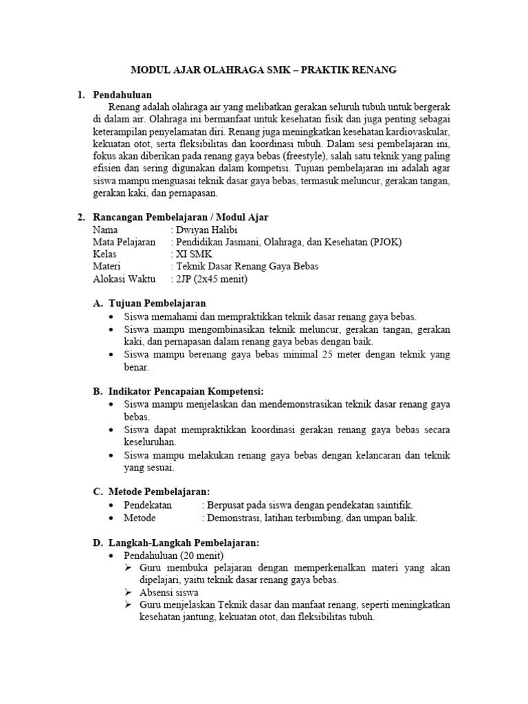 Modul Ajar Renang Gaya Bebas SMK | PDF