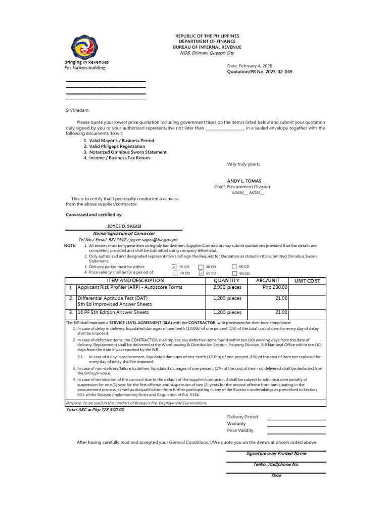 2025-02-049 Testing Materials For Bir Pre-Employment Examinations | PDF