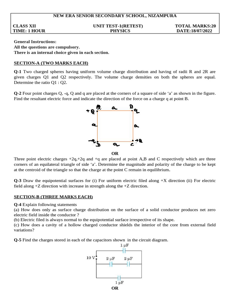 CLASS XII UNIT TEST-1 REtest 2022-23 | PDF | Capacitance | Capacitor