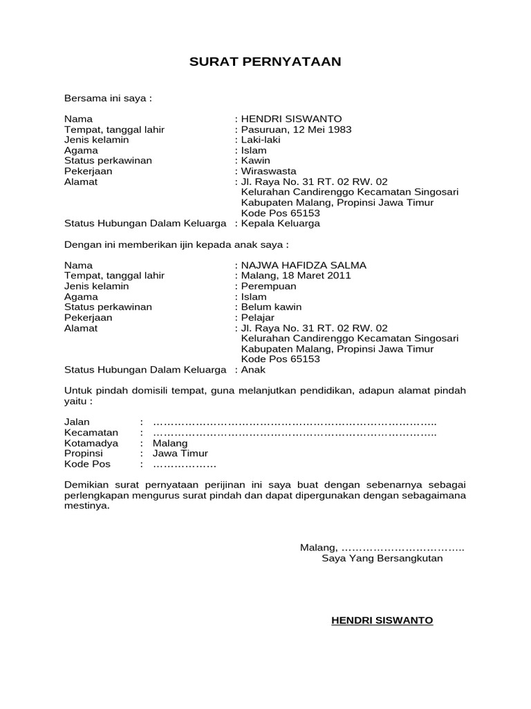 Izin Pindah Domisili Hendri Siswanto | PDF