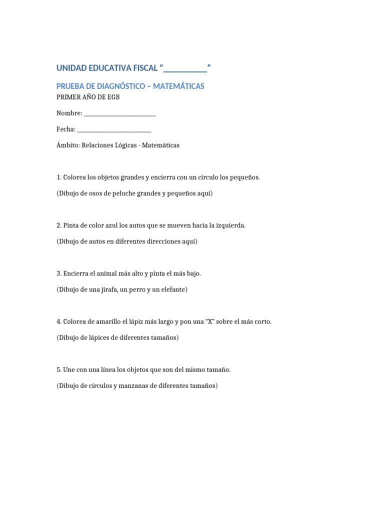 Prueba Diagnóstica de Matemáticas EGB 1 | PDF
