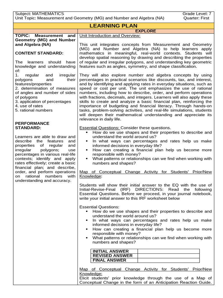 Q1 Mathematics 7 Learning Plan | PDF | Geometry | Numbers