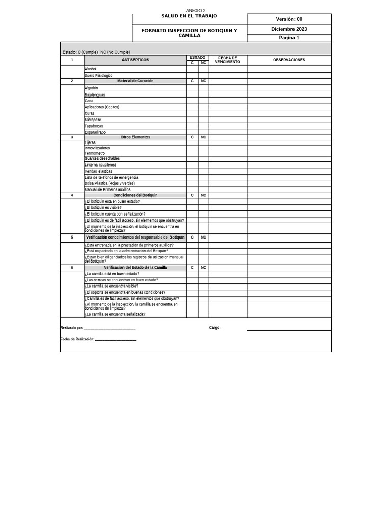 Formato de Inspeccion de Botiquin y Camilla | PDF | Medicina | La seguridad