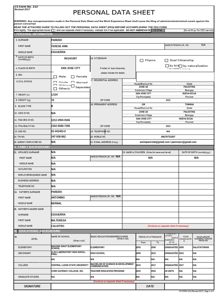 Personal Data Sheet CS Form No. 212 Revised 2017 | PDF