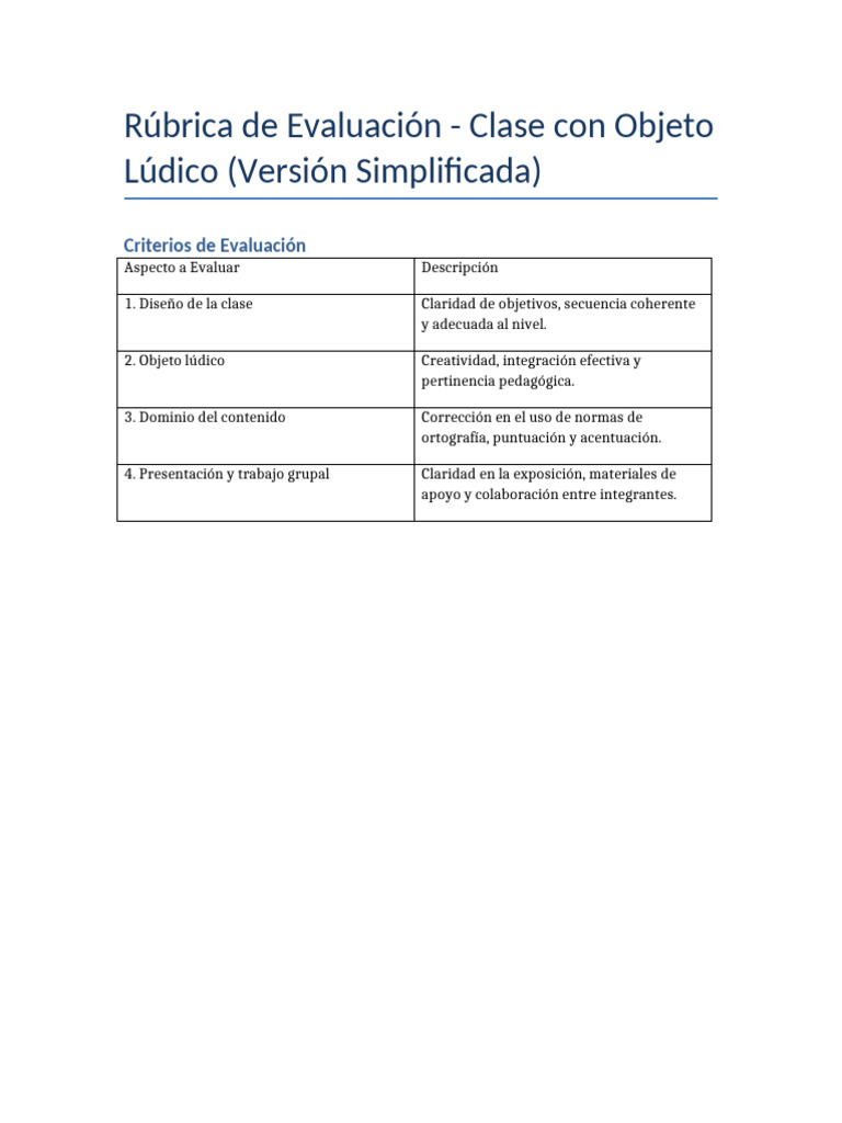 Rubrica Simplificada Clase Objeto Ludico | PDF