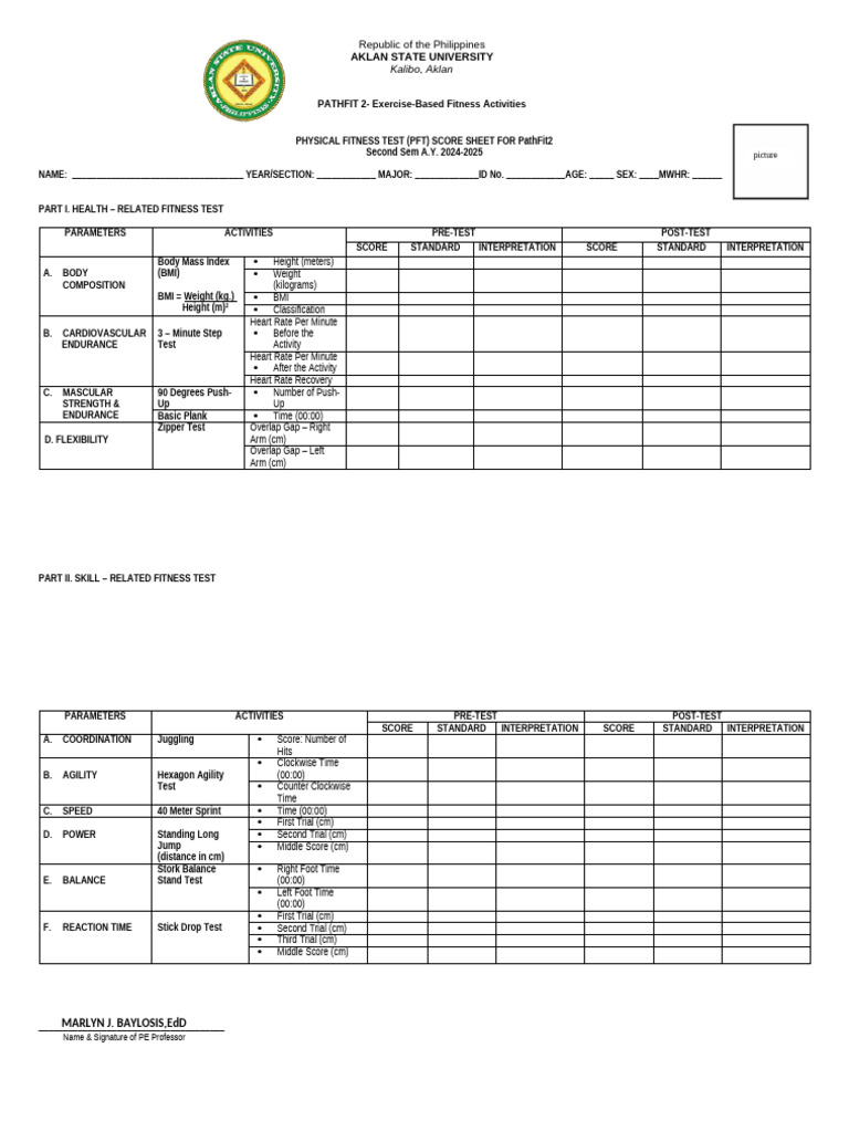 PathFit2 Physical Fitness Test Score Sheet | PDF | Body Mass Index