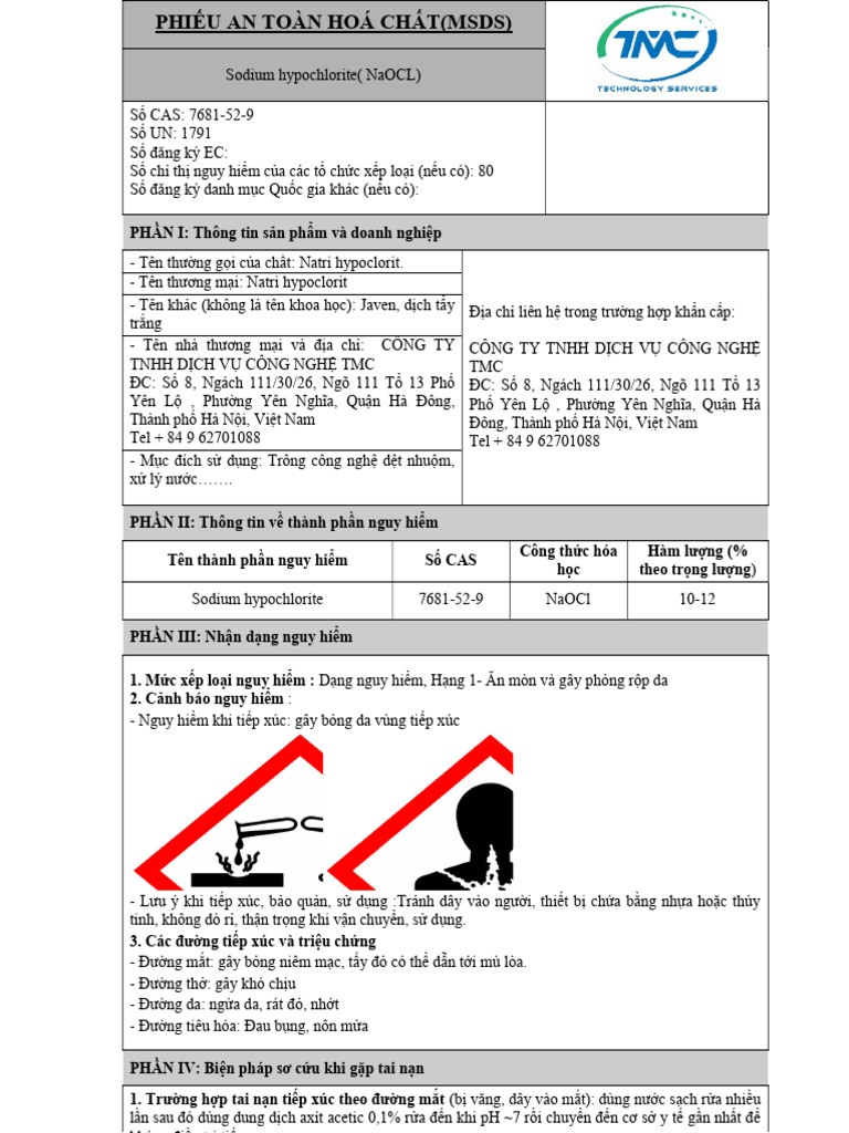 MSDS JAVEL NaOCl- Việt nam | PDF