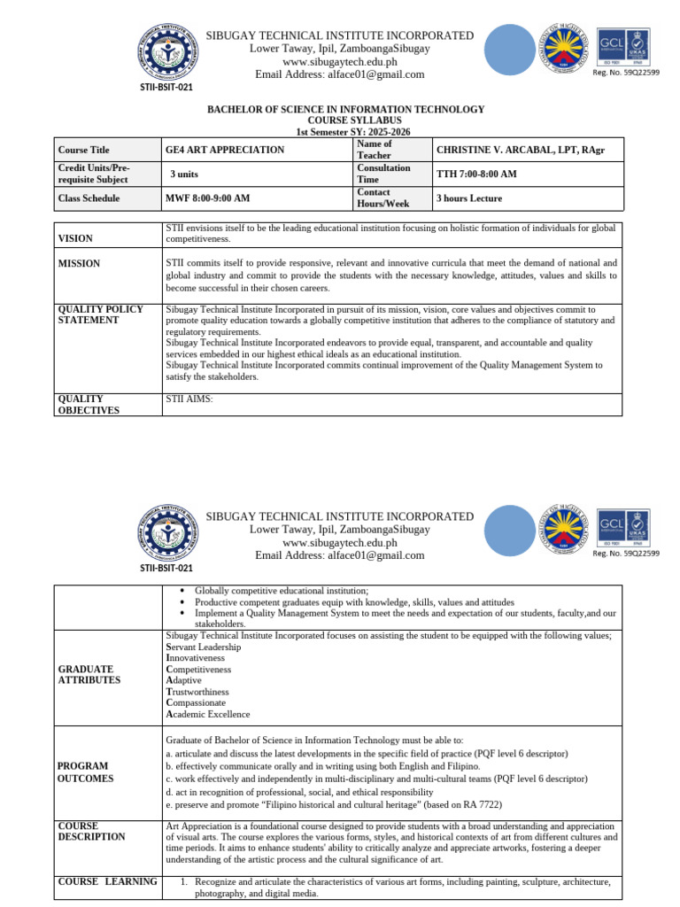 Syllabus Art Appreciation - BSIT | PDF | Learning | Graphics