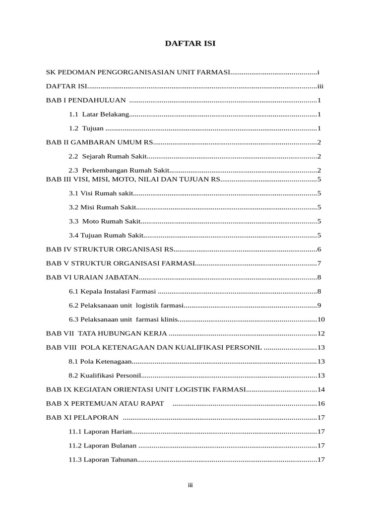 Daftar Isi Pedoman Organisasi Unit Farmasi | PDF