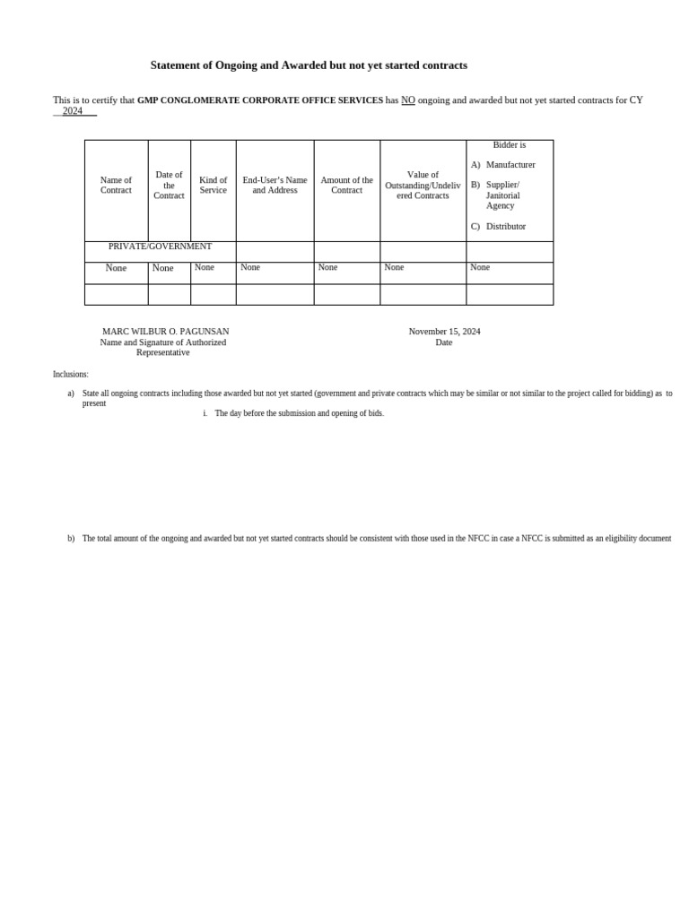 Statement of Ongoing and Awarded But Not Yet Started Contracts | PDF