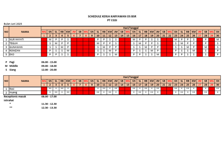 Schedule Kerja OB & Receptionis Juni 2025 | PDF