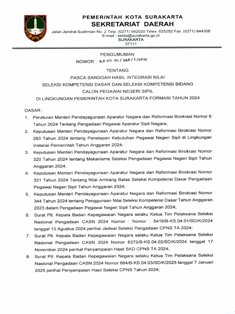 Pengumuman Pasca Sanggah Hasil Integrasi Nilai SKD Dan SKB CPNS Formasi Tahun 2024 | PDF