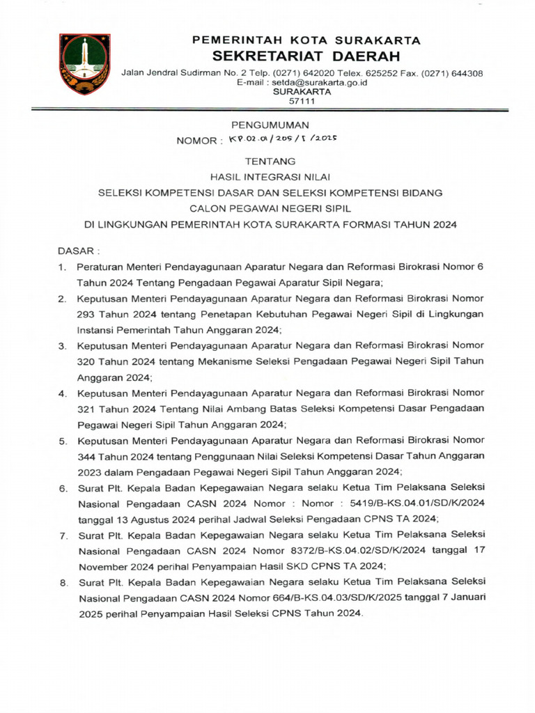 Pengumuman Hasil Integrasi Nilai SKD & SKB CPNS 2024 (Versi 2) | PDF