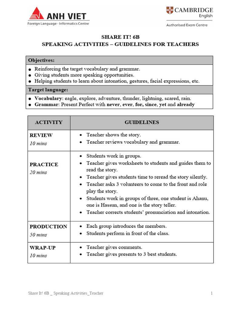 Share It! 6B - SPEAKING ACTIVITIES - Guidelines For Teachers | PDF