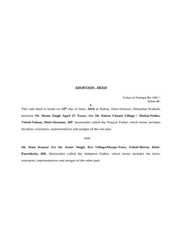 Adoption Deed On 17-6-2019 | PDF | Living Arrangements | Social ...