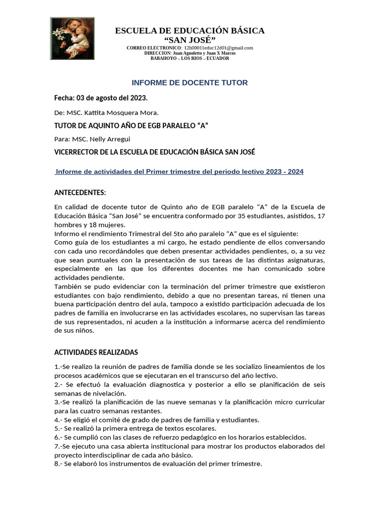 INFORME DEL Trimestre KATTITA | PDF | Educación primaria | Escuelas