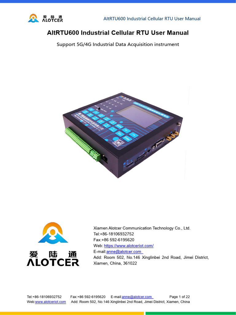 AltRTU600 (V2.0) Industrial Cellular RTU User Manual-V1.0 | PDF | 4 G | Duplex (Telecommunications)