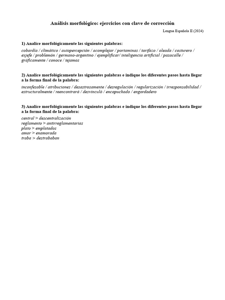 Análisis Morfológico - Ejercicios Con Clave de Corrección (2024) | PDF ...