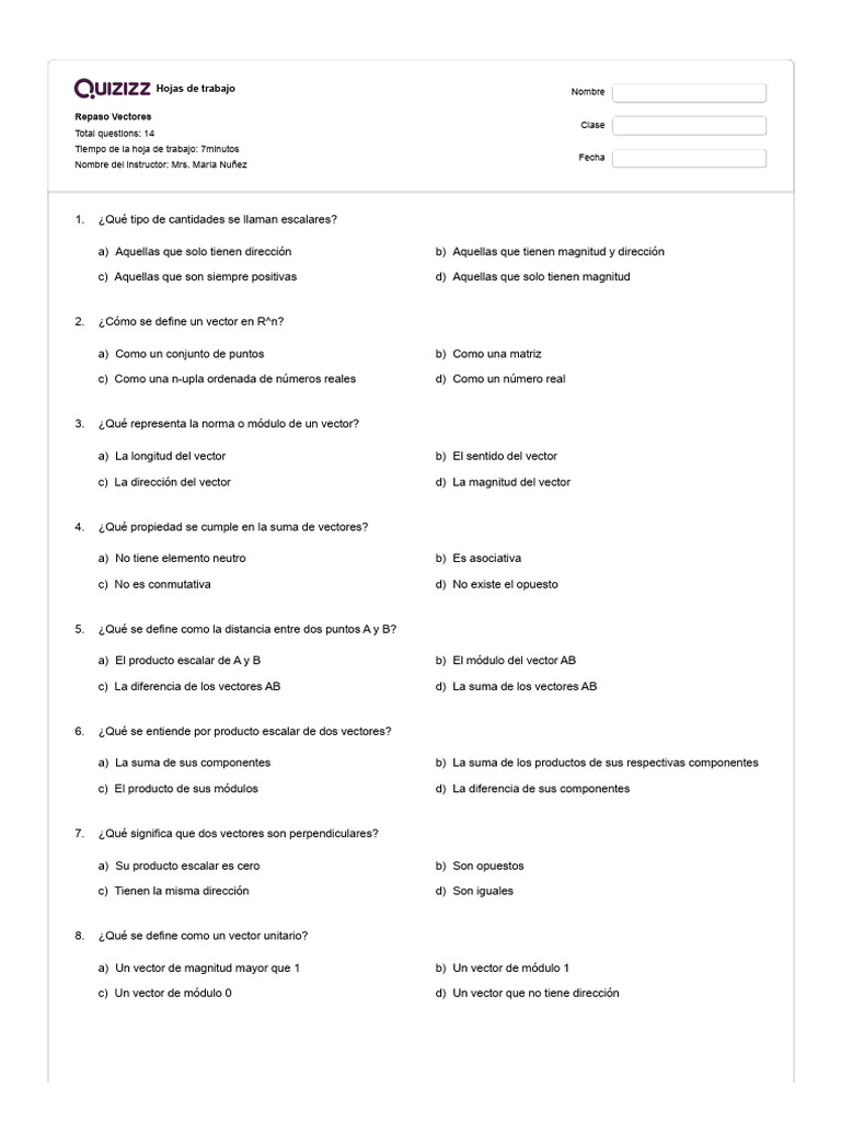 Repaso Vectores - Quizizz | PDF | Vector Euclidiano | Escalar (Matemáticas)