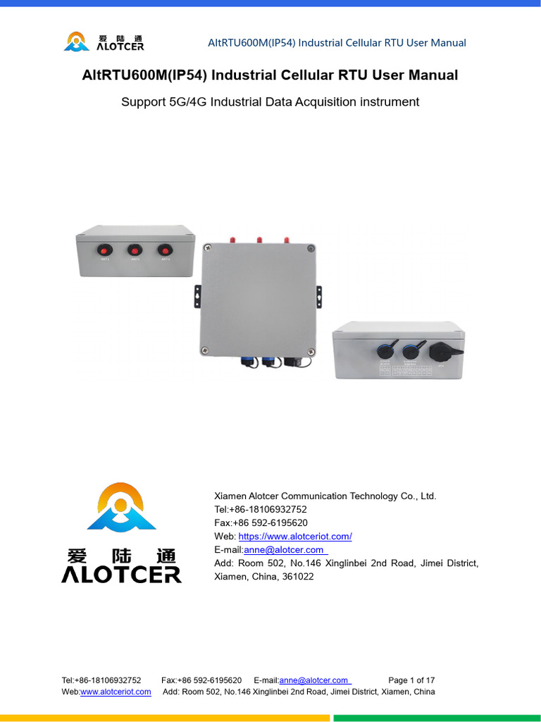 AltRTU600M(IP54) Industrial Cellular RTU User Manual-V1.0 | PDF | 4 G | Lte (Telecommunication)