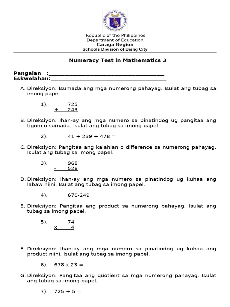 Numeracy Test GRADE 3 | PDF