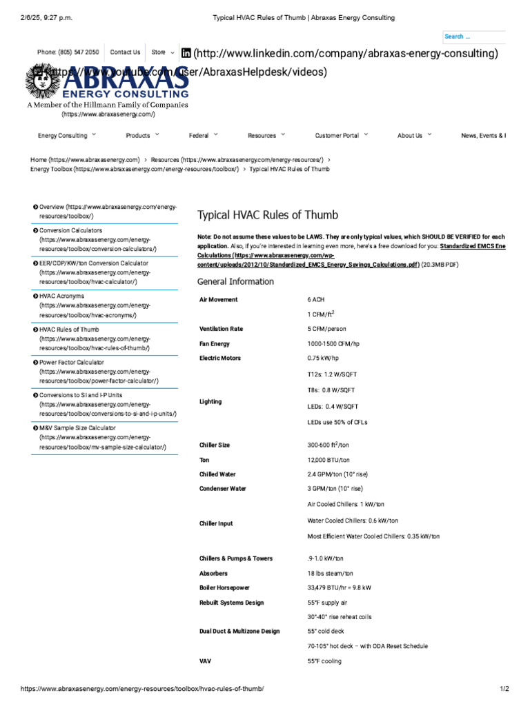 Typical HVAC Rules of Thumb - Abraxas Energy Consulting | PDF ...