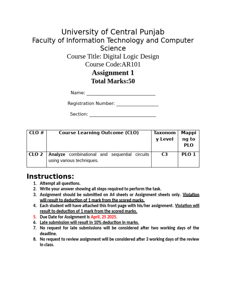 Digital Logic Design Assignment 1 | PDF