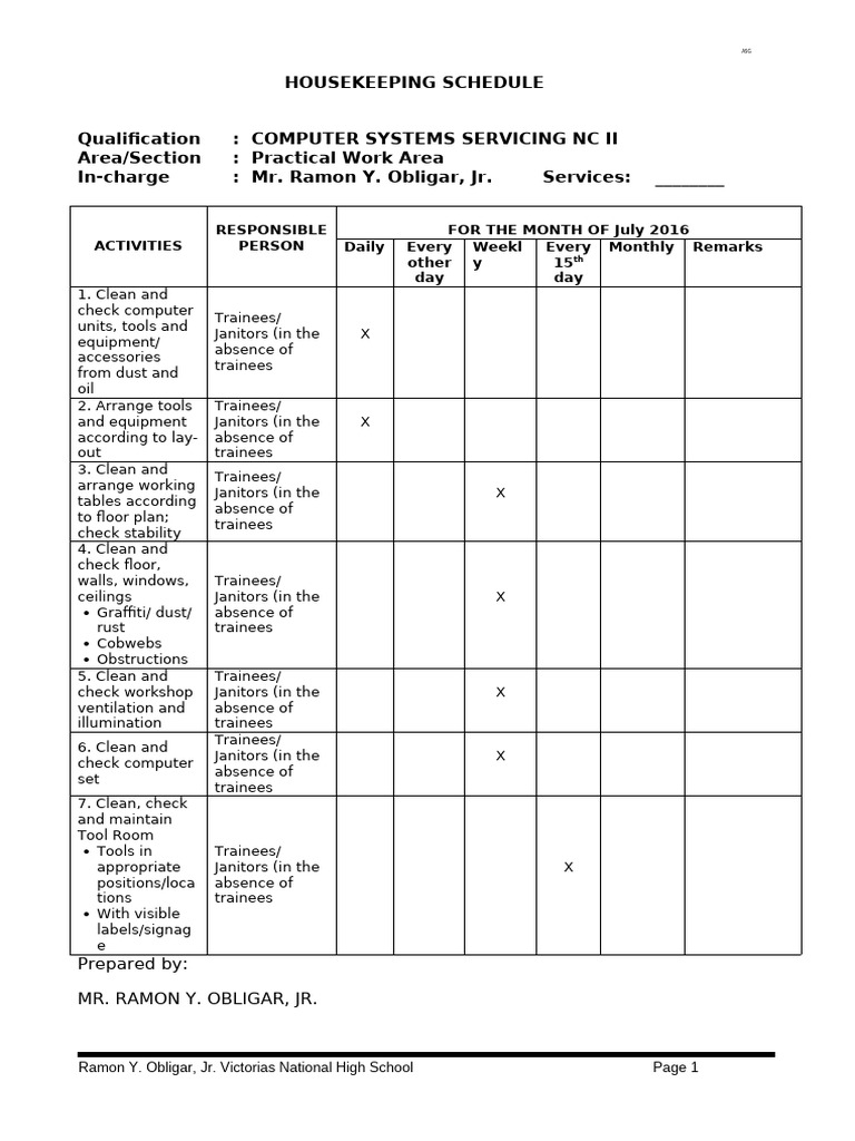 HOUSEKEEPING SCHEDULE - Final | PDF