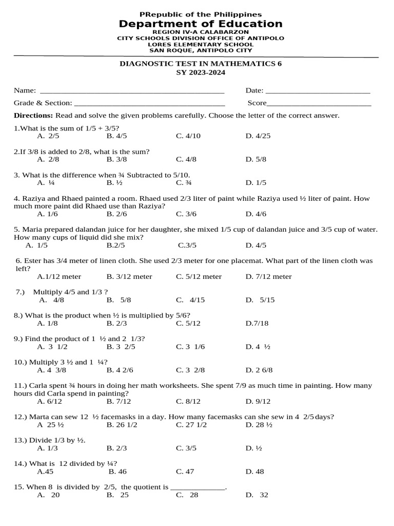 Diagnostic Test in Math6 2023 2024 | PDF | Shape | Rectangle