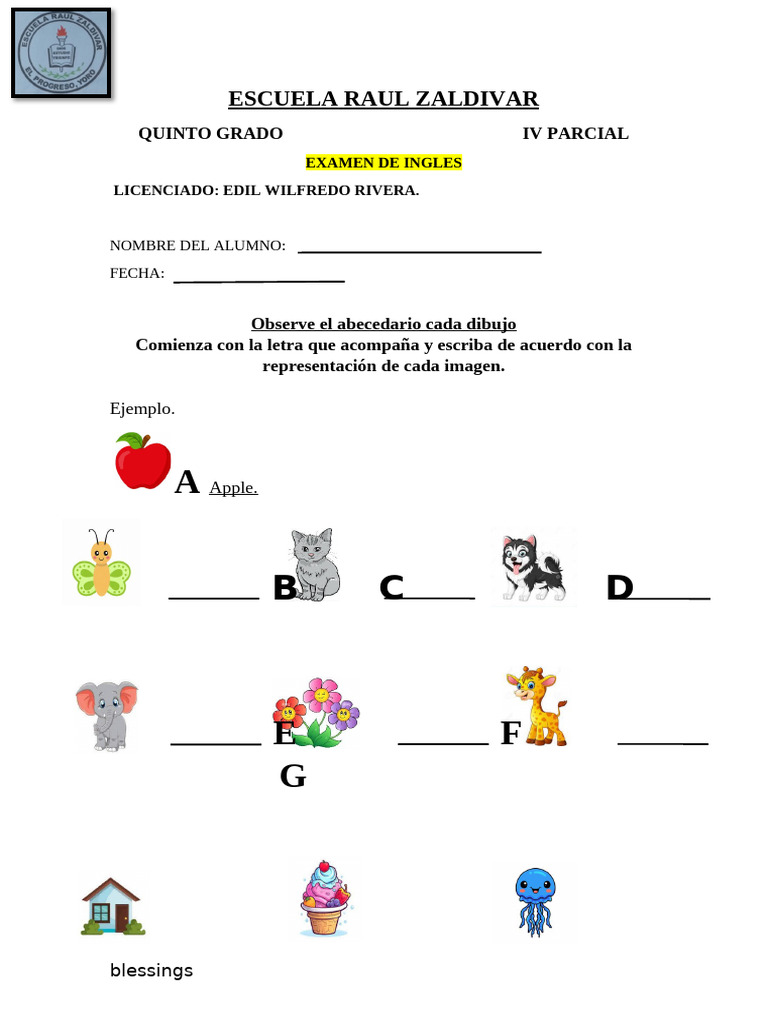 Escuela Raul Zaldivar Examen de Ingles | PDF