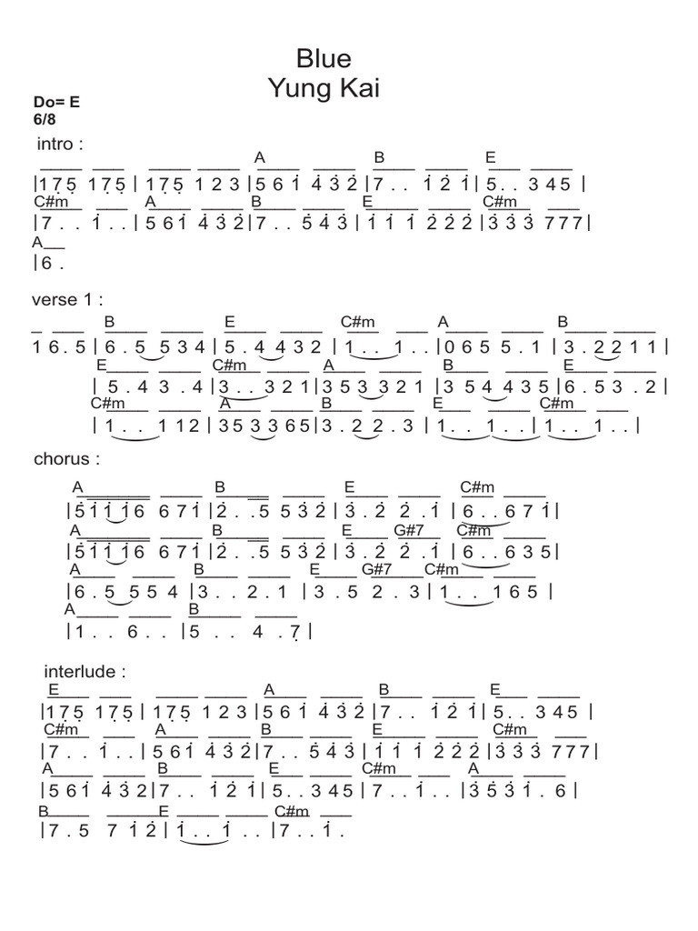 Not Angka Lagu "Blue" - Yung Kai | PDF