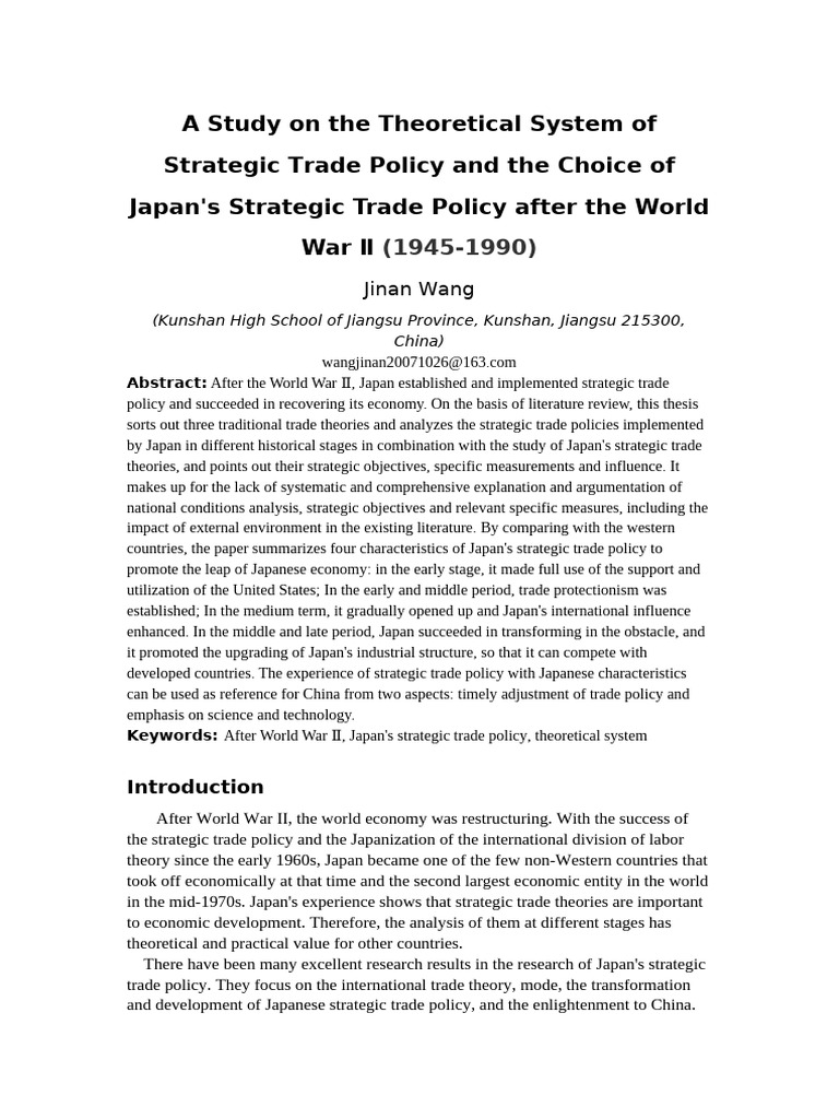 A Study On The Theoretical System of Strategic Trade Policy and The ...