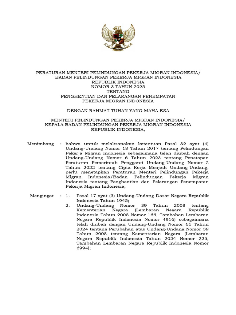 PERMEN KP2MI BP2MI No 3 Tahun 2025 Tentang Penghentian Dan Pelarangan ...