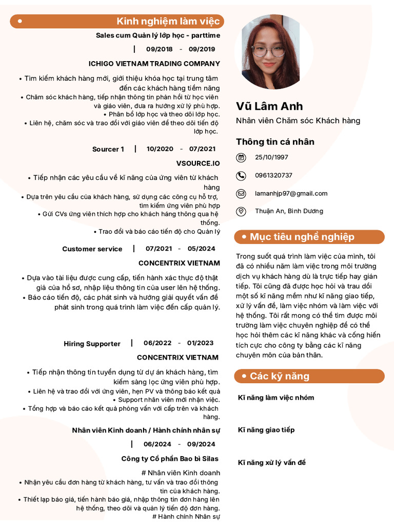 CV Vũ Lâm Anh - Nhân Viên Chăm Sóc Khách Hàng-TopCV - VN | PDF