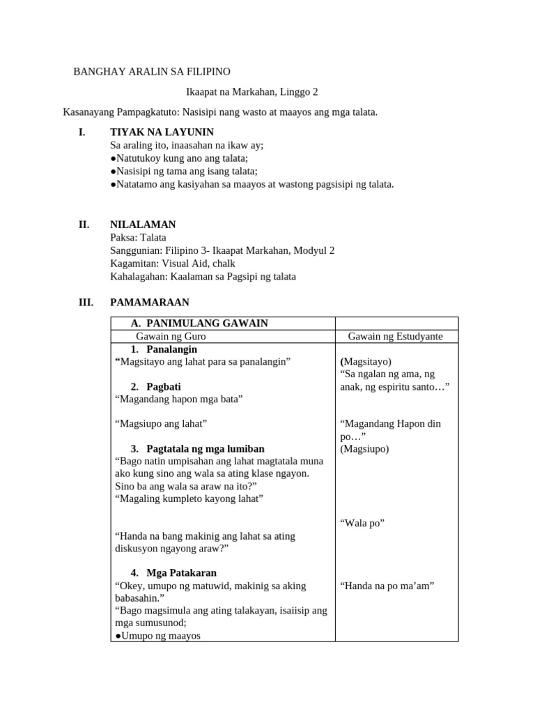 Banghay Aralin Sa Filipino | PDF