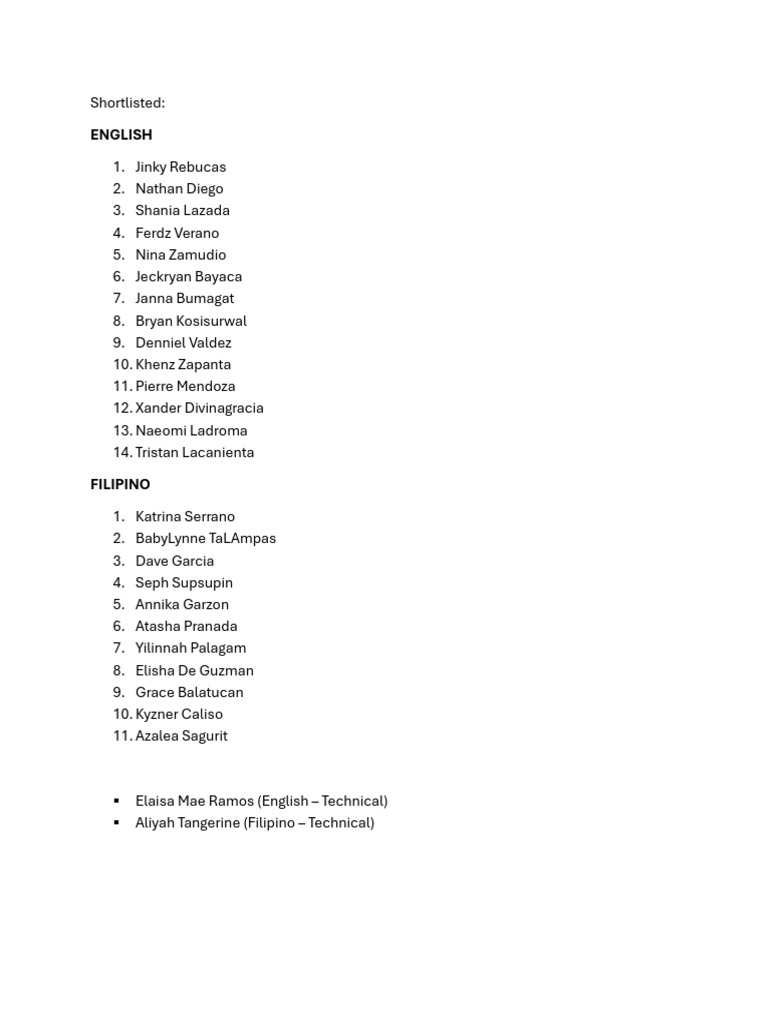 RB Audition - Final List | PDF