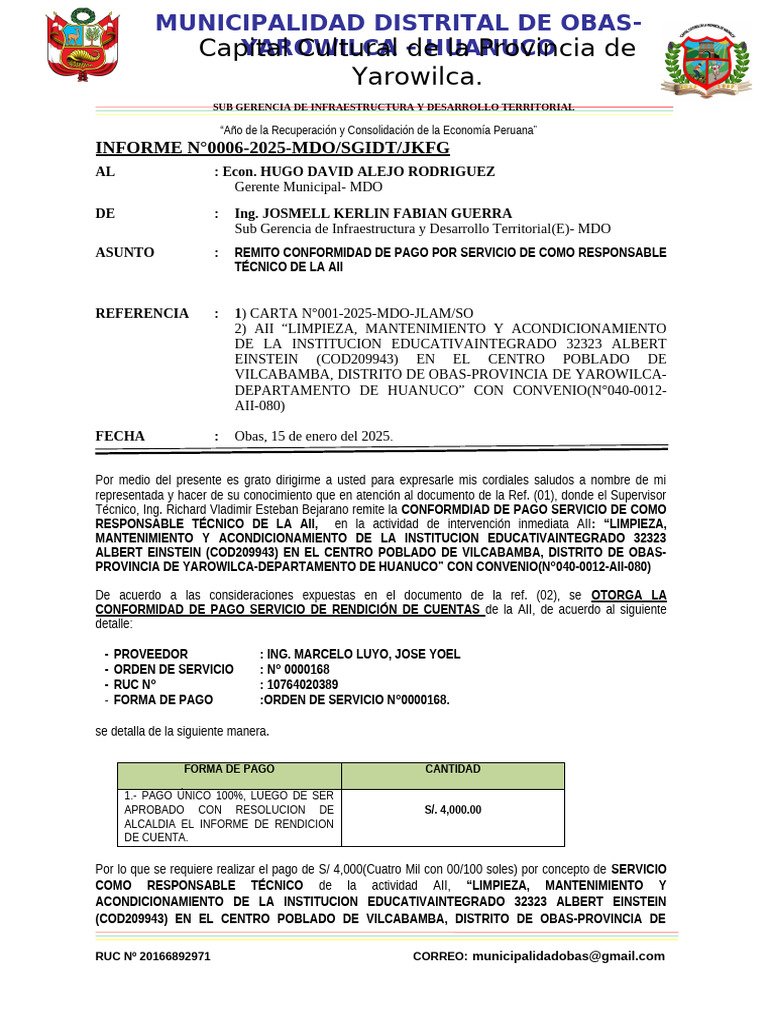 Informe #006-2025 Conformidad de Pago ST Llamkasun | PDF