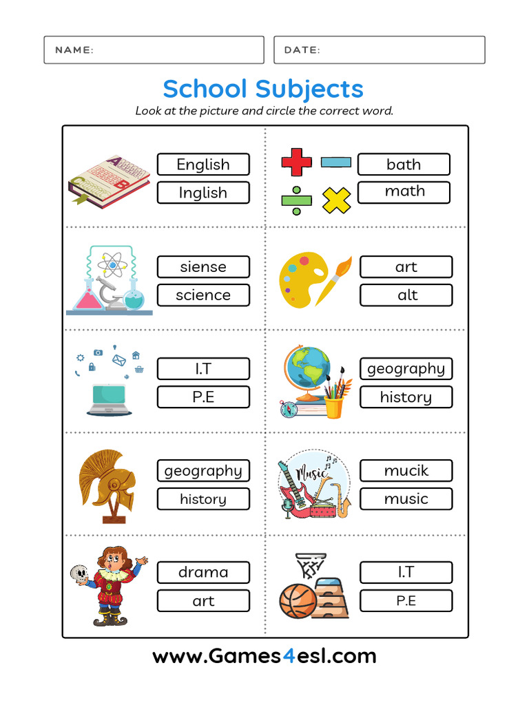 School Subjects Worksheet 3 | PDF