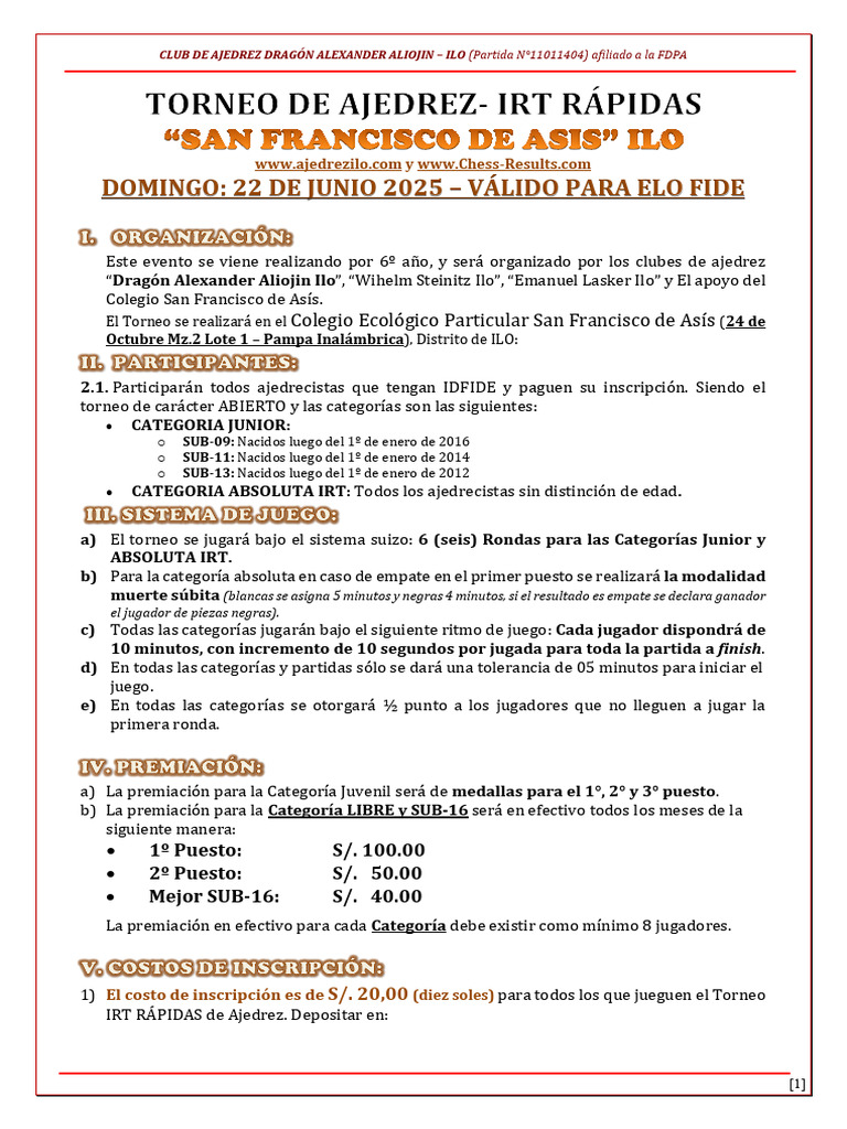 Bases SFAILO 202506 IRT RAPIDAS - FDPA | PDF | Ajedrez | Juego de azar