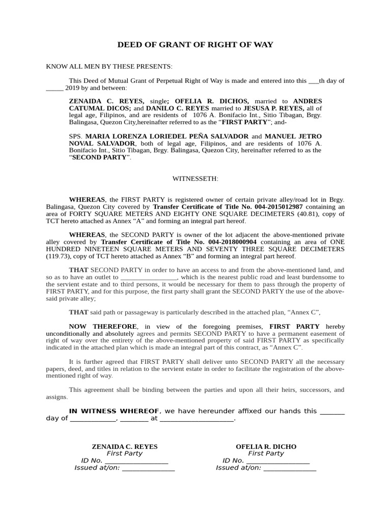 Deed of Mutual Grant of Perpetual Right o Salvador | PDF | Civil Law ...