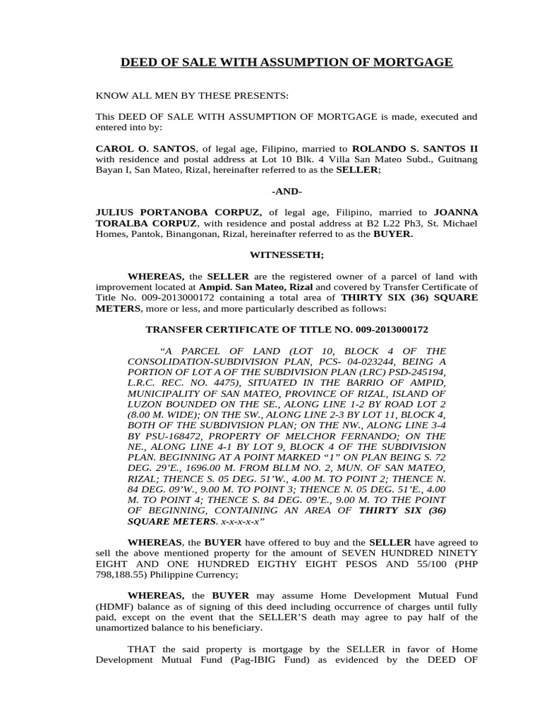 Deed of Sale With Assumption of Mortgage | PDF | Mortgage Law | Deed