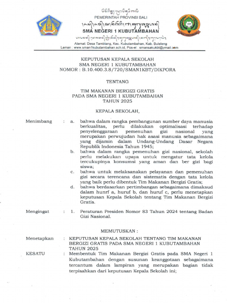 SK Tim Makanan Bergizi Gratis | PDF