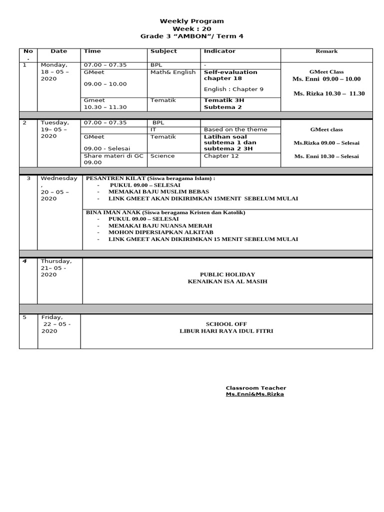 Weekly Program Week 20 | PDF