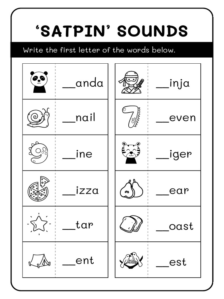 English SATPIN Beginning Sounds Worksheet in Black and White Lined ...