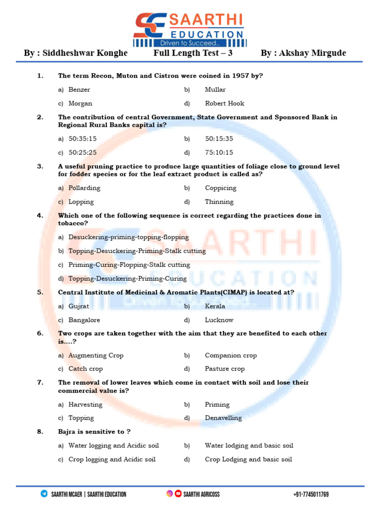 Full Length Test - 3 QUESTION PAPER | PDF | Soil | Biology